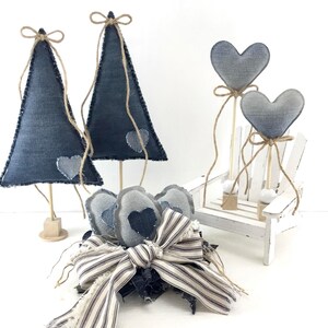 Farmhouse Vintage Denim Mini Tree Set, Upcycled Fabric, Modern Spring ...