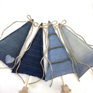 Farmhouse Vintage Denim Mini Tree Set, Upcycled Fabric, Modern Spring ...