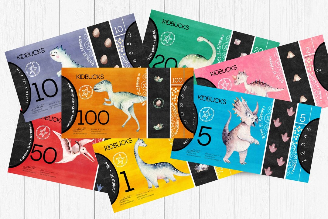 Waterproof Play Money DINOSAUR SET, Set of 35 KIDBUCKS, Unrippable Cash ...