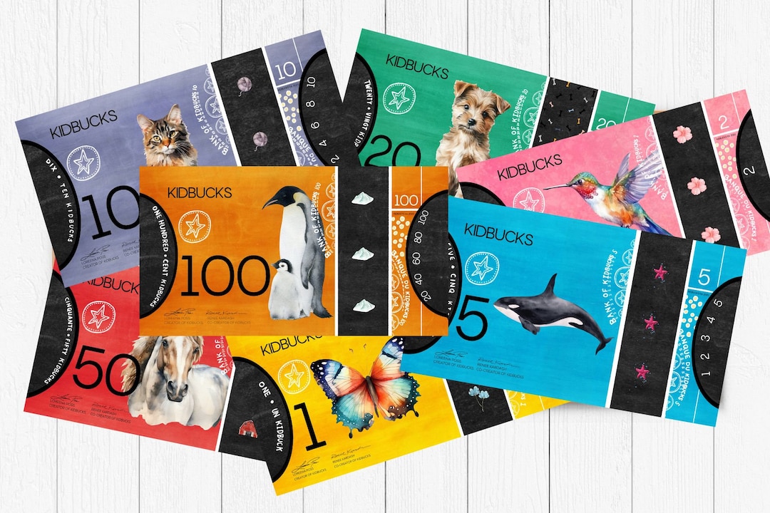 Waterproof Play Money ANIMAL SET, Set of 35 KIDBUCKS, Unrippable Cash ...