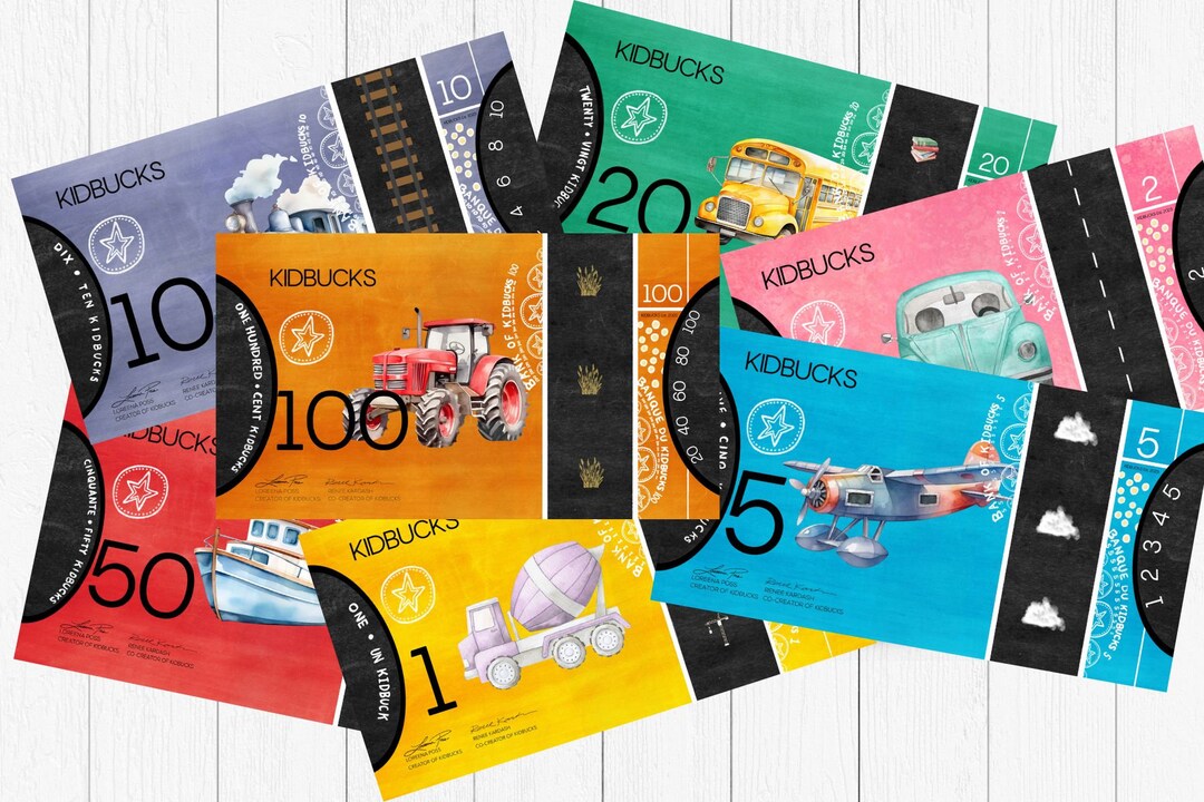 Waterproof Play Money VEHICLES SET, Set of 35 KIDBUCKS, Unrippable Cash ...