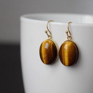 Oval Tiger's Eye Earrings Gold, Gemstone Dangle Earrings, Gold Brown ...