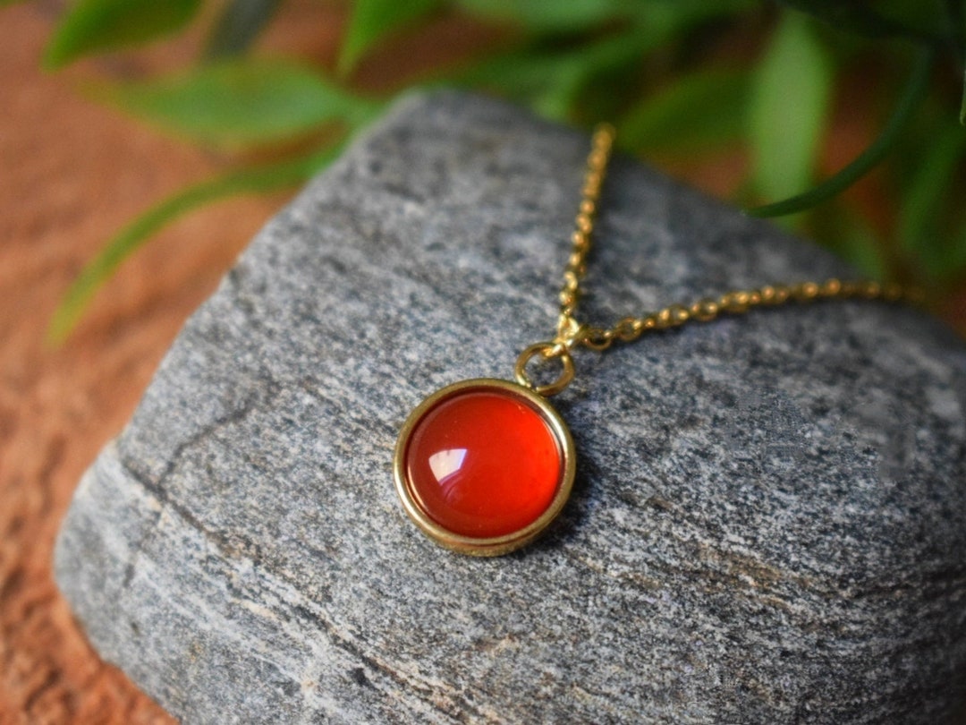 Red Agate Necklace Gold for Woman, Round Gemstone Pendant, Stainless ...