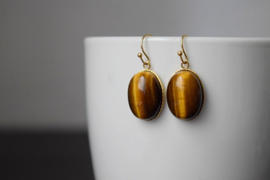 Oval Tiger's Eye Earrings Gold, Gemstone Dangle Earrings, Gold Brown ...