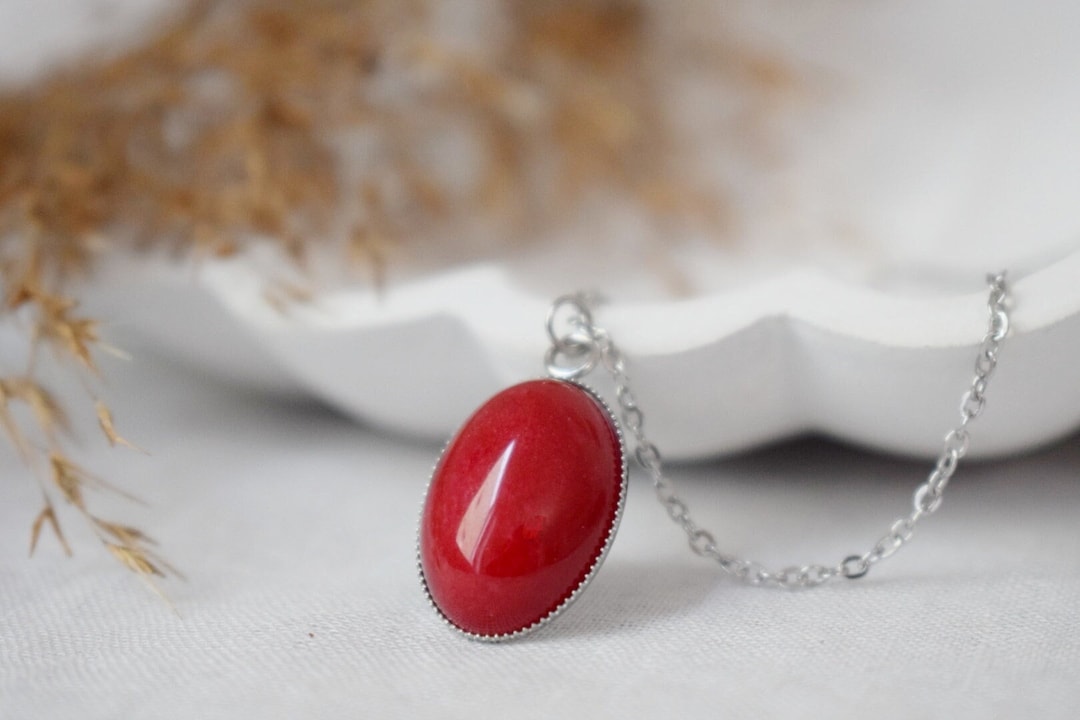 Necklace Red Jade Pendant Silver for Women, Oval, Long Red Gemstone ...