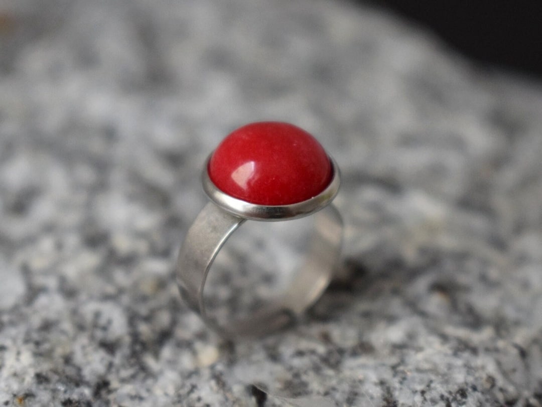 Red Jade Ring, Gemstone Ring, Red Statement Ring, Adjustable Round Ring ...