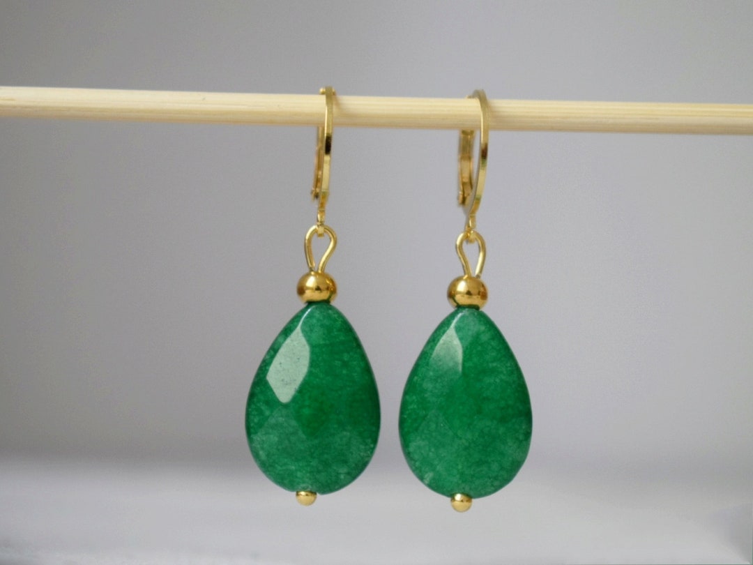 Green Jade Earrings Gold, Teardrop Dangling Earrings, Green Faceted ...