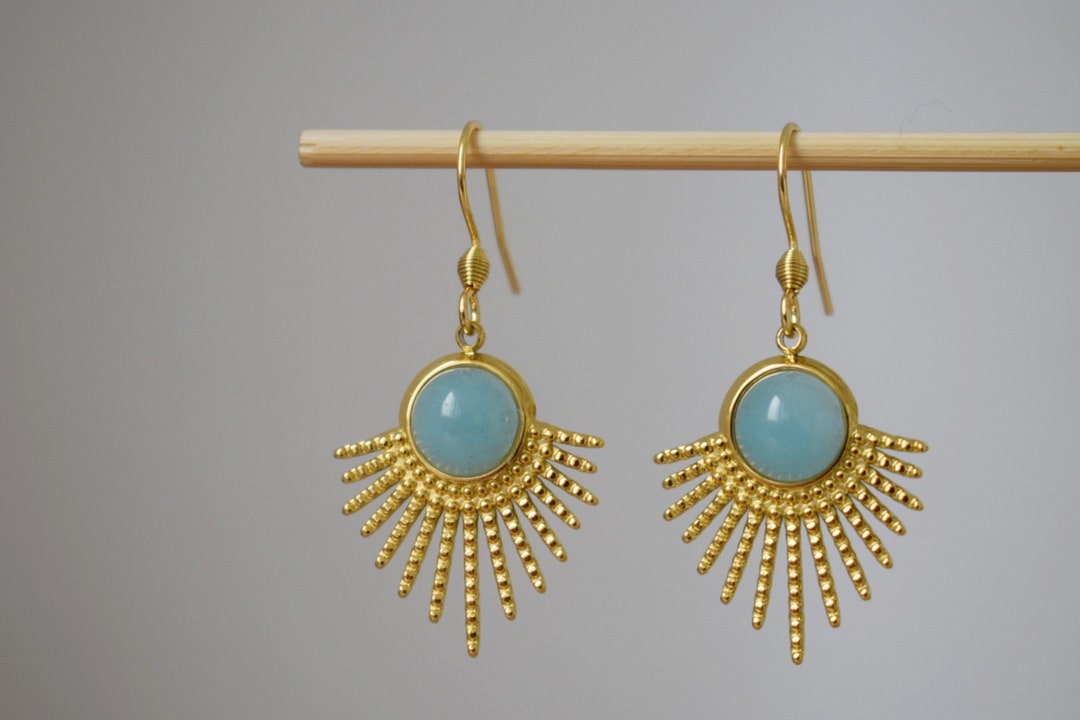 Aquamarine Quartz Earrings, Sun Rays Dangling Earrings, Sunburst ...