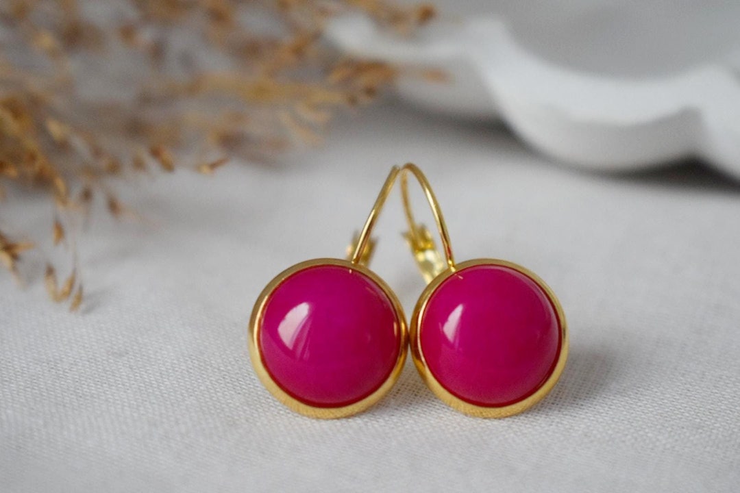 Pink Jade Earrings, Edelstein Round Earrings, Magenta Earrings, 12mm ...