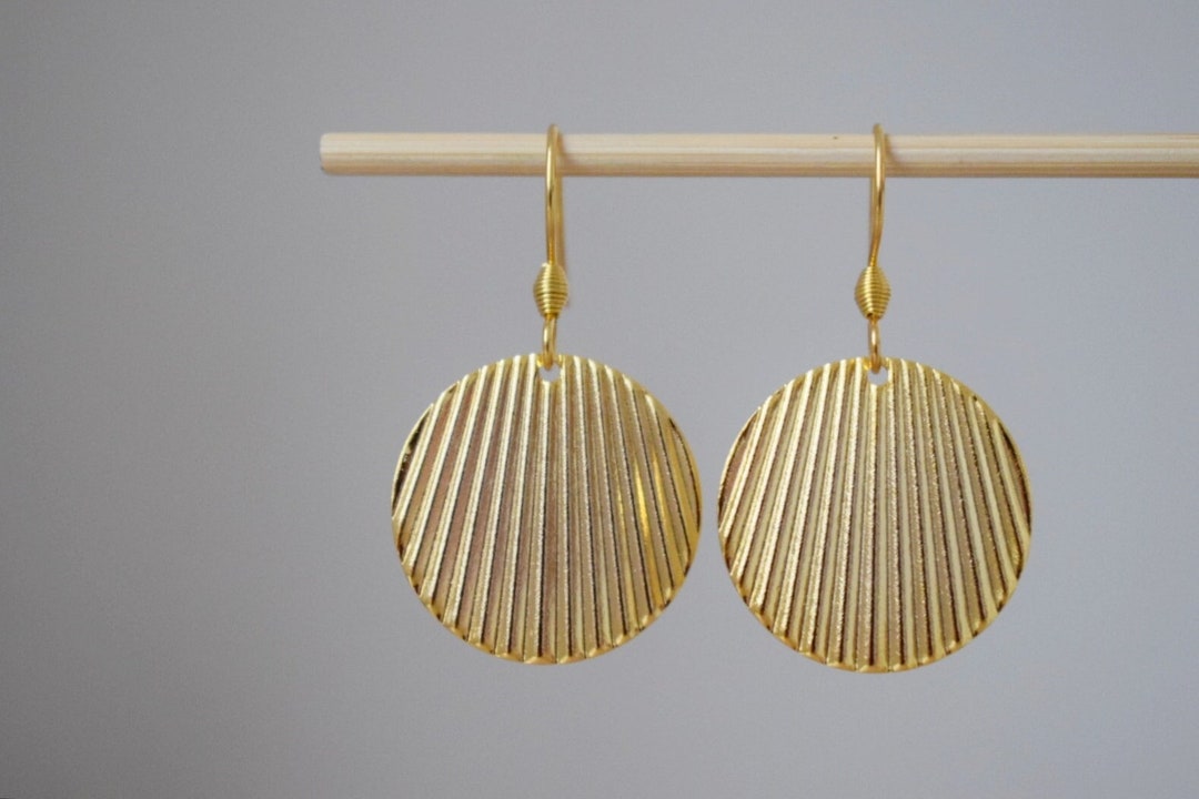 24K Gold Plated Disc Dangle Earrings: Corrugated Boho Jewelry - Etsy