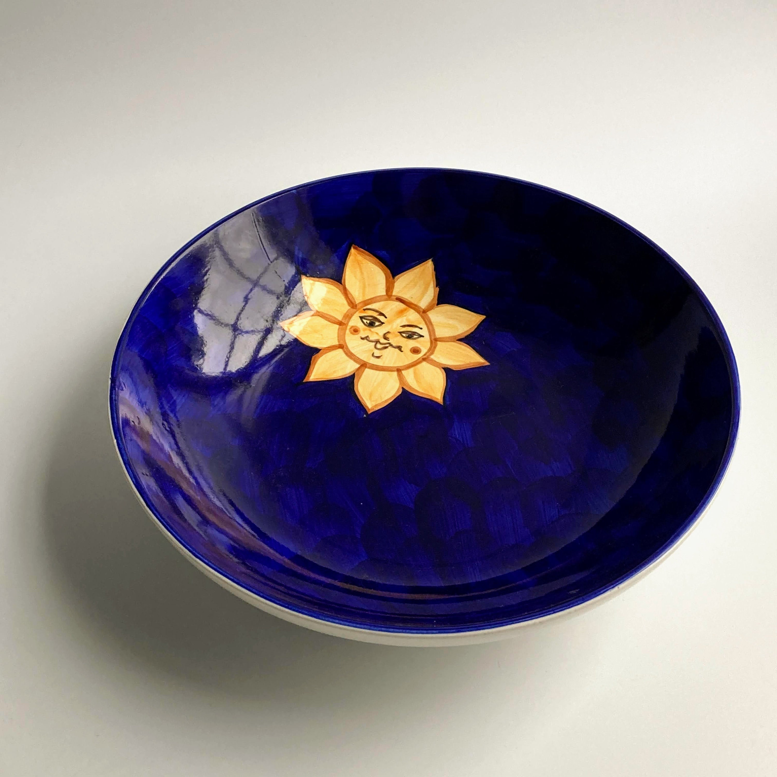 Vintage Hand Decorated Sun Motif Plate Bowl With Blue Ground Decorative ...