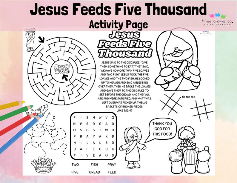 Jesus Feeds Five Thousand Activity Placemat: Christian Coloring ...