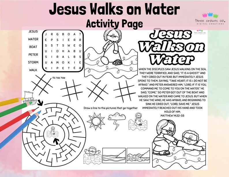 Jesus Walks on Water Activity Placemat, Coloring Placemat, Christian ...