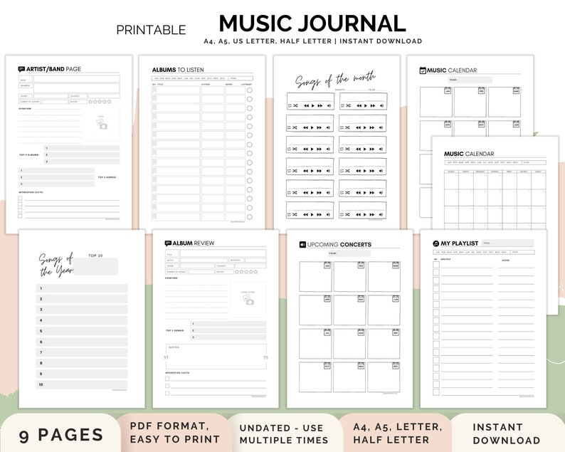 Music Journal, Music Planner, My Playlist, Concerts Tracker, Printable ...