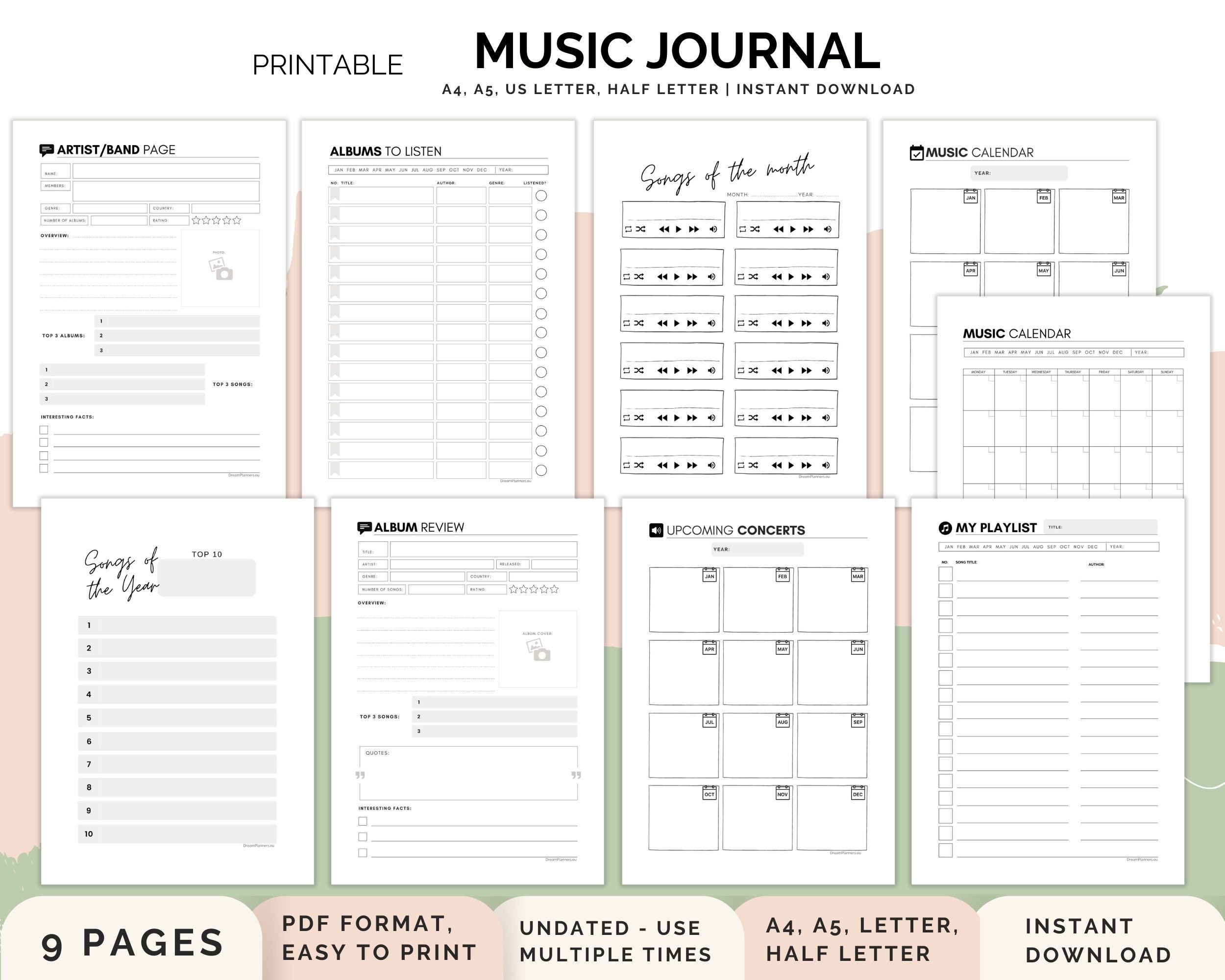 Music Journal, Music Planner, My Playlist, Concerts Tracker, Printable ...