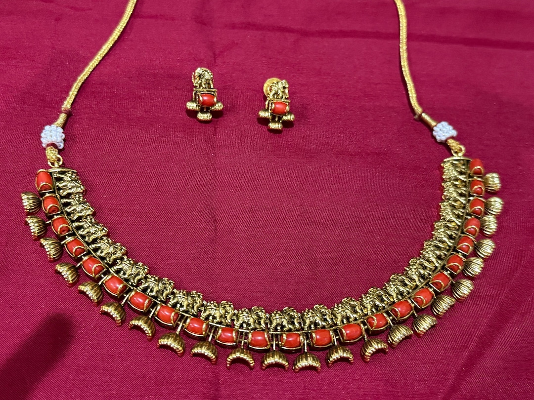 Elegant Gold Replica Necklace Set With CZ and Coral Stones With ...