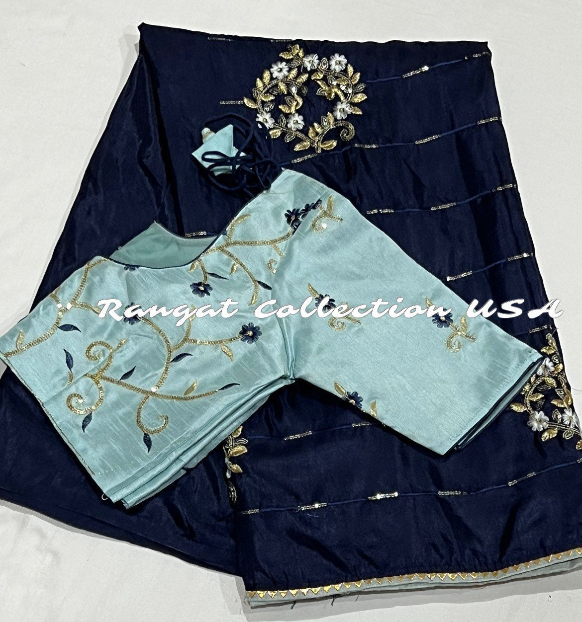 Navy Blue Gold Sequin Work Embroidery Slimmer Slub Silk Saree - Etsy