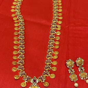 Gorgeous Long Lakshmi Kasu Mala With CZ and Ruby Stones Paired With ...