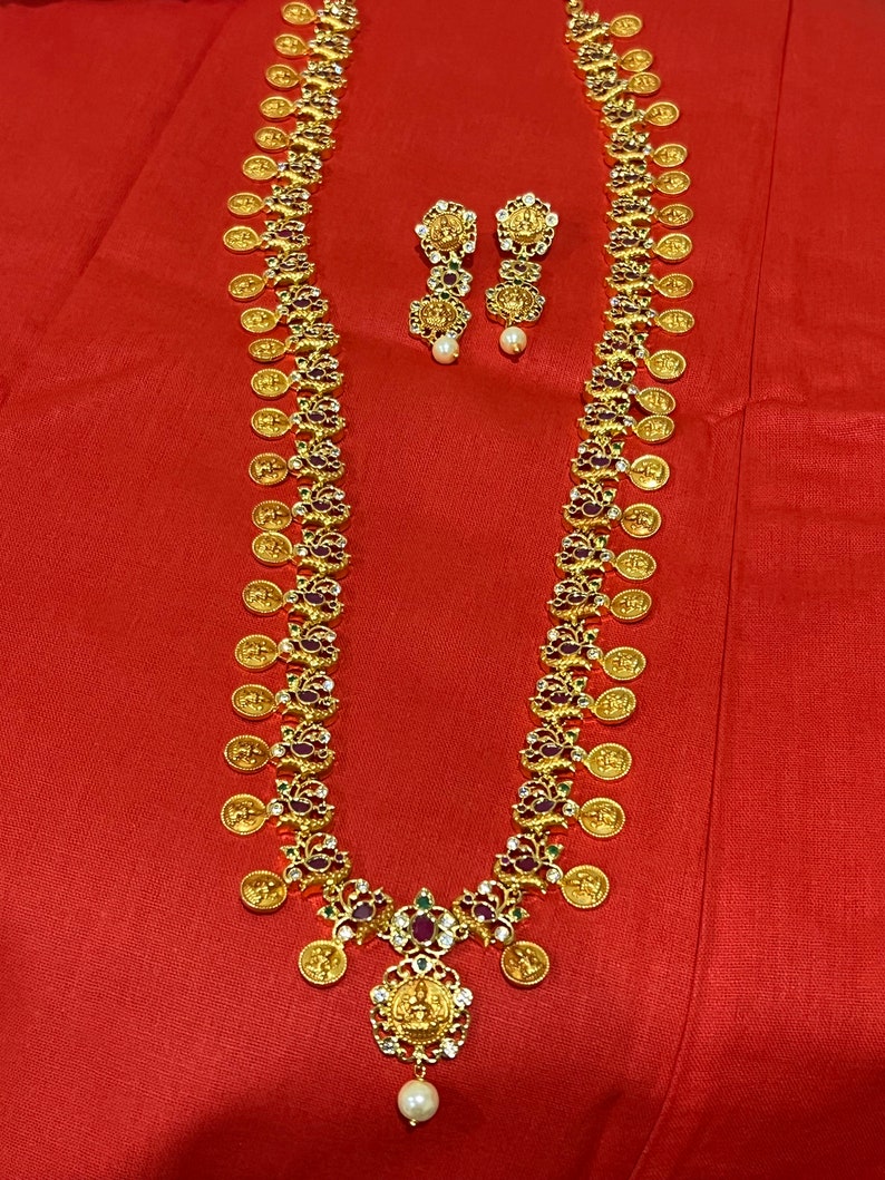 Gorgeous Long Lakshmi Kasu Mala With CZ and Ruby Stones Paired With ...