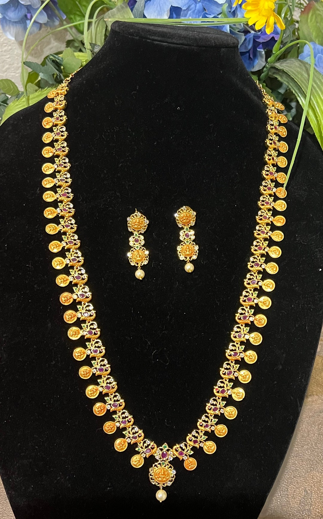 Gorgeous Long Lakshmi Kasu Mala With CZ and Ruby Stones Paired With Earrings - Etsy