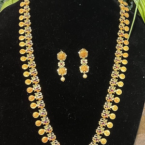 Gorgeous Long Lakshmi Kasu Mala With CZ and Ruby Stones Paired With ...