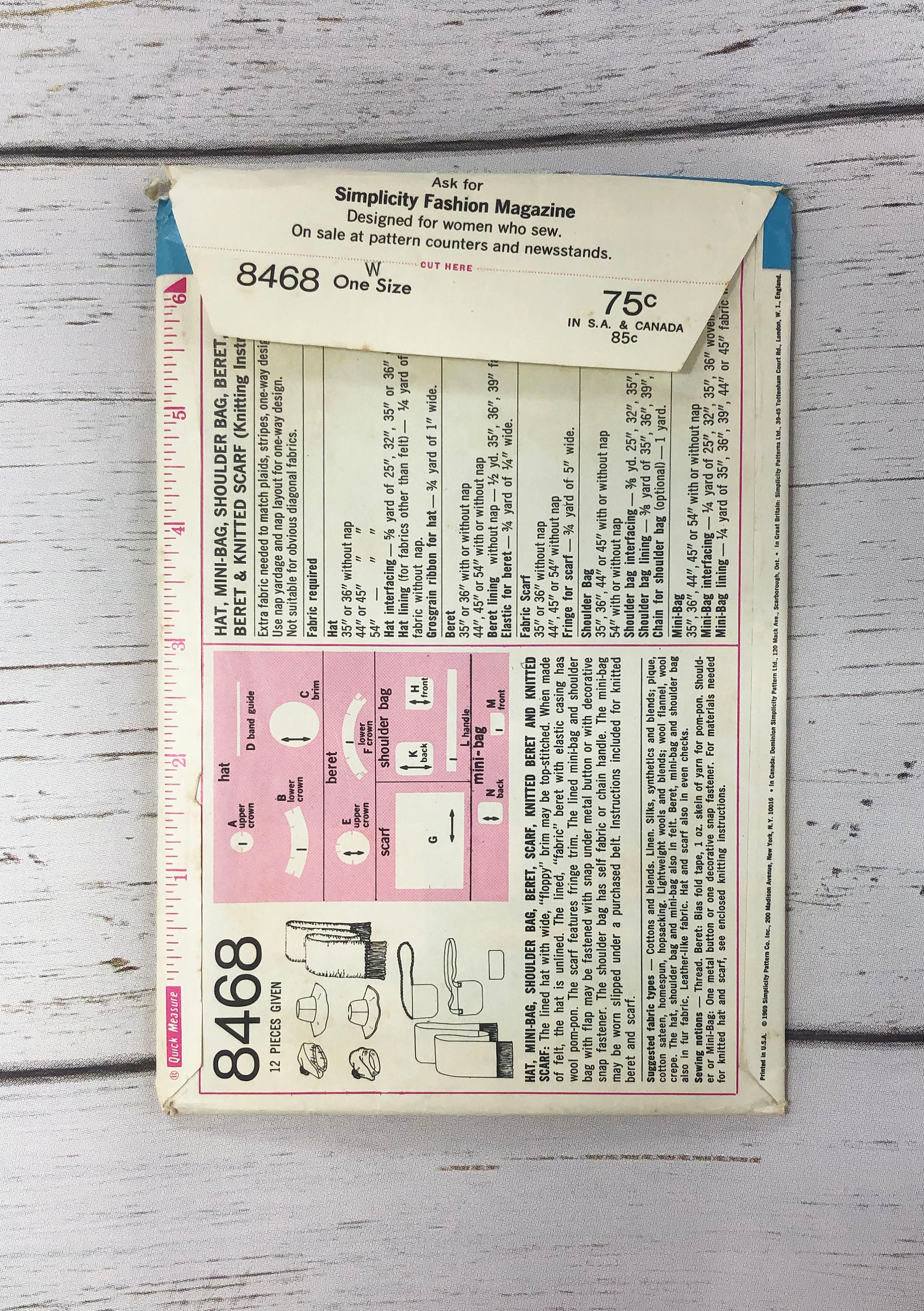 Simplicity 8468 1960's Accessories Vintage Pattern Hat, Bags, Beret, Scarf, Knitted Beret and ...