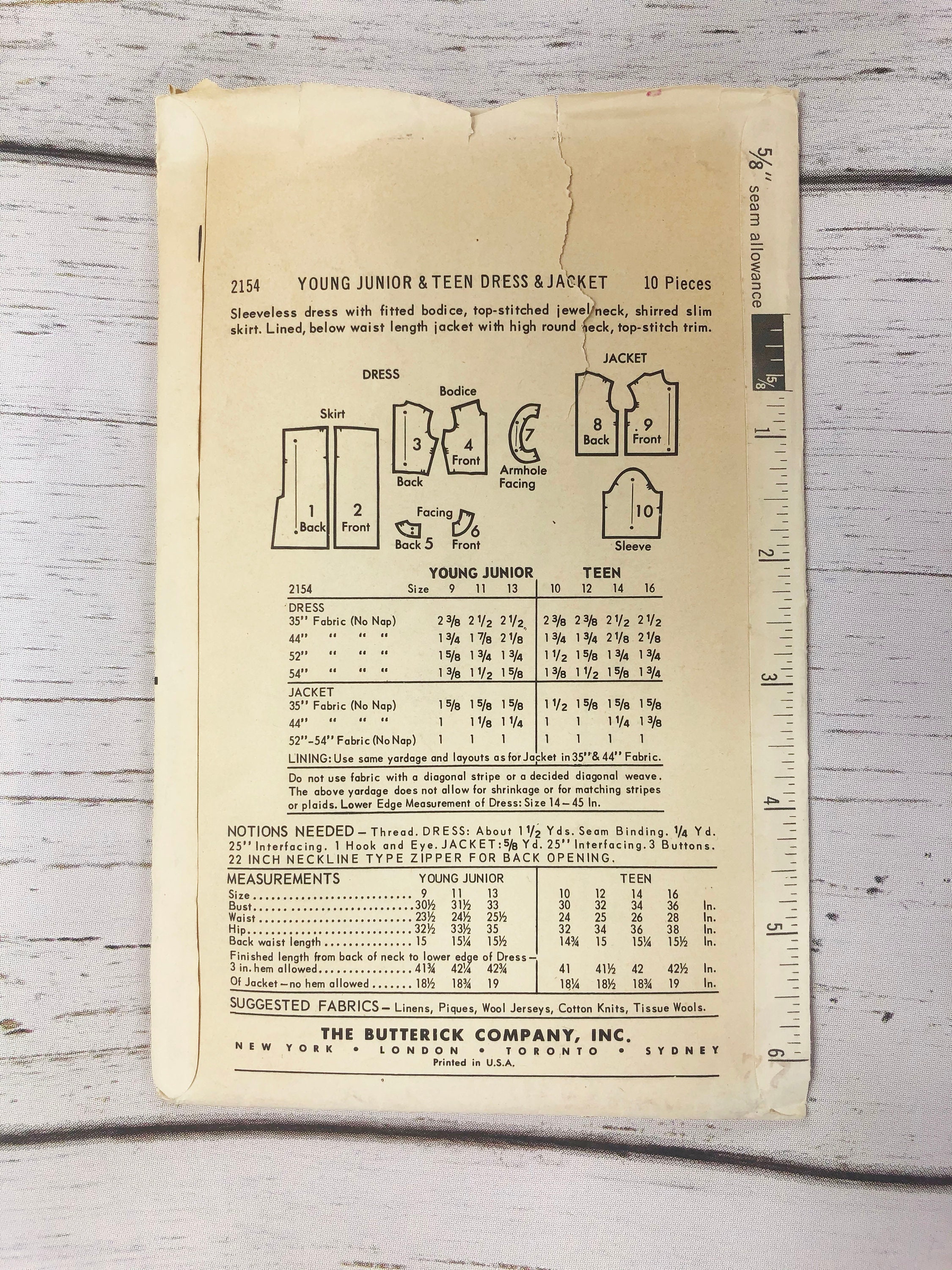 Butterick 2154 Size 11, Bust 31 1/2 Cut, Complete 1960's Vintage ...