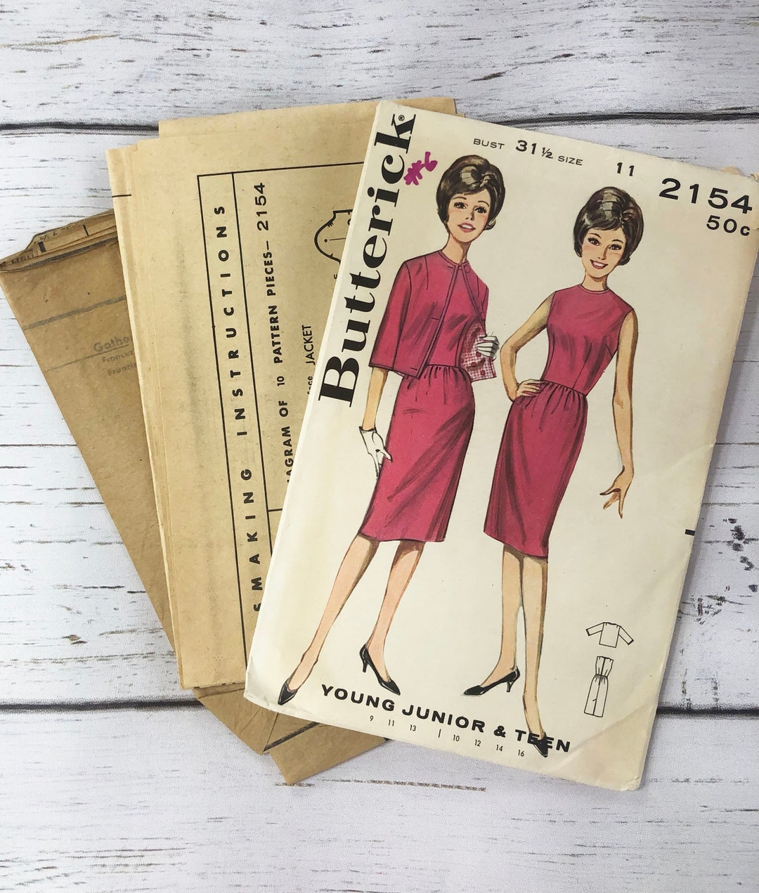 Butterick 2154 Size 11, Bust 31 1/2 Cut, Complete 1960's Vintage ...