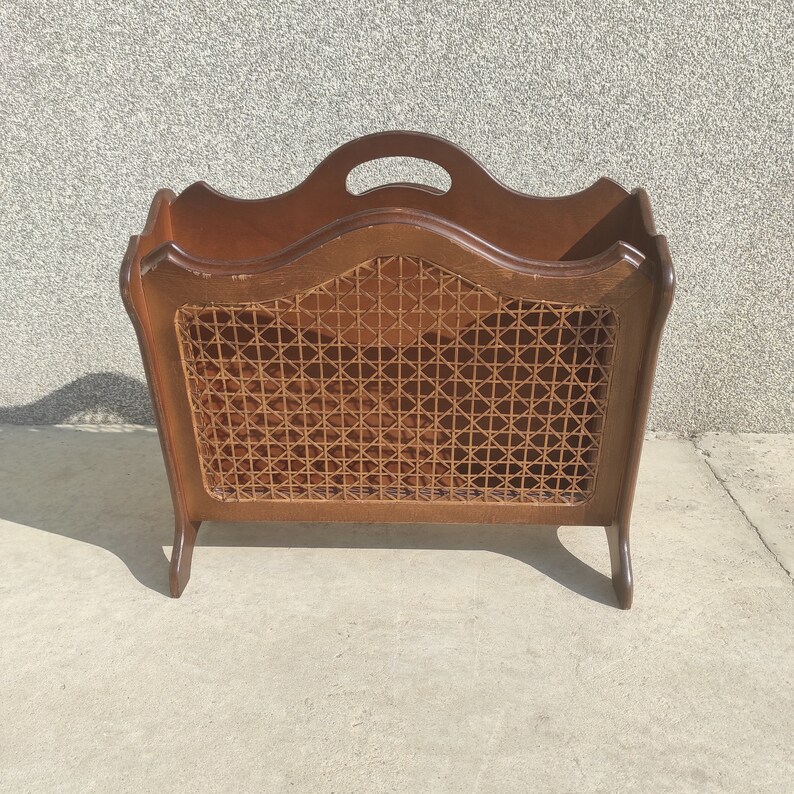 Vintage Wood and Cane Magazine Rack, MCM Magazine Rack, Mid Century ...