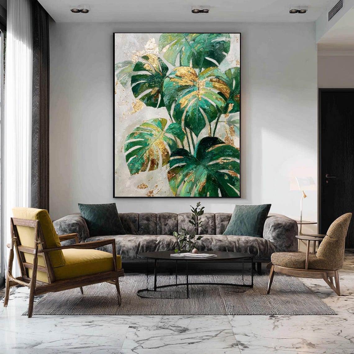 Turtle-back Bamboo Leaf Oil Painting, Gold Foil Texture, Tropical Plant ...