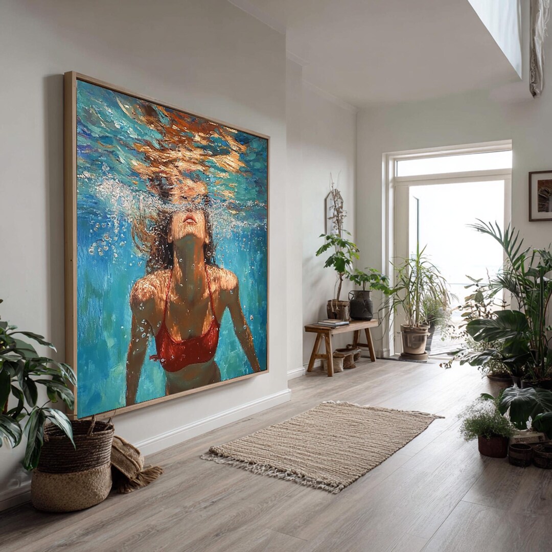 Diving in Ocean Sensual Woman Swimming Handmade Canvas Wall Art Diving ...