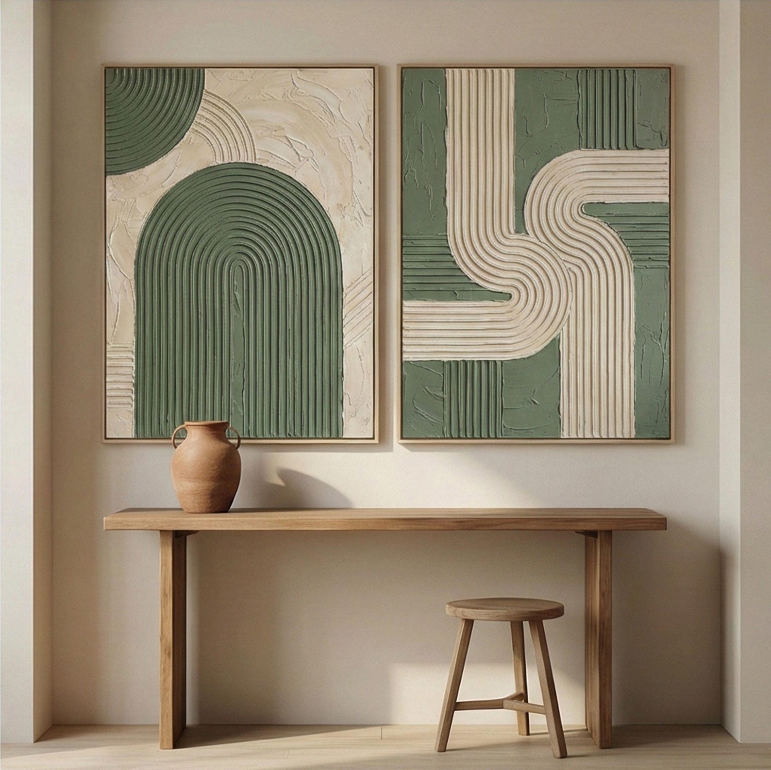 Midcentury Modern Geometric Diptych,abstract Green Shapes on Textured ...
