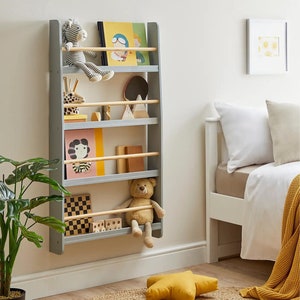 Kids Wall Bookcase, White Wooden Wall Mounted Book Shelf Grey Bookshelf ...