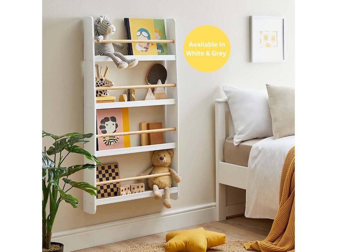 Kids Wall Bookcase White Wooden Wall Mounted Book Shelf - Etsy UK