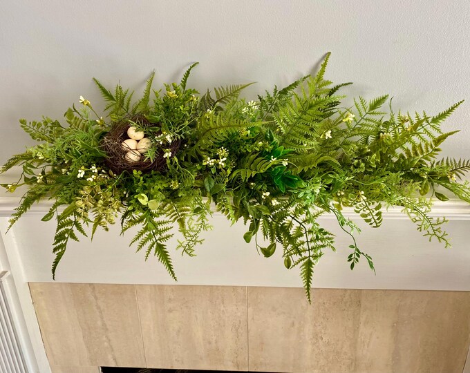 Summer Nature Rustic Fern Centerpiece, Summer Bird Nest Mantle Garland ...