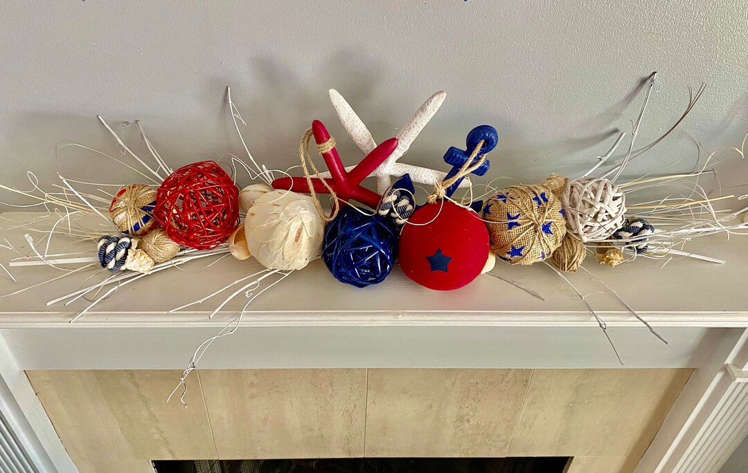 Patriotic Coastal July 4 Mantle Garland, Red Americana Starfish Shell ...