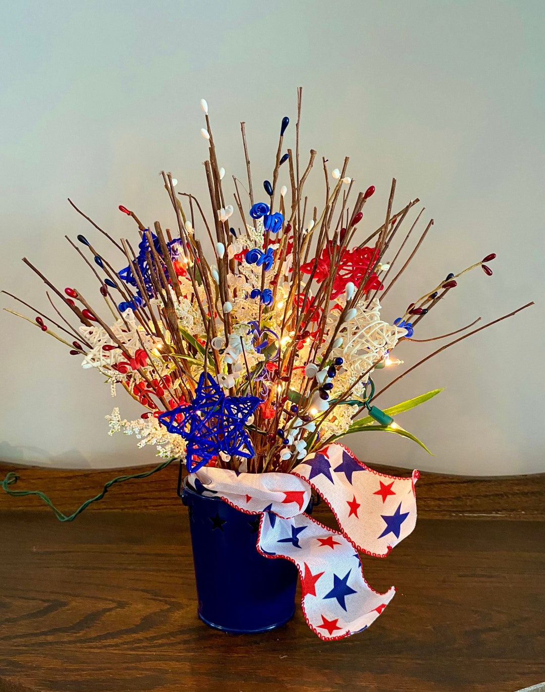 Patriotic July 4 Lighted Table Tree, Americana Red Blue Grapevine Tree ...