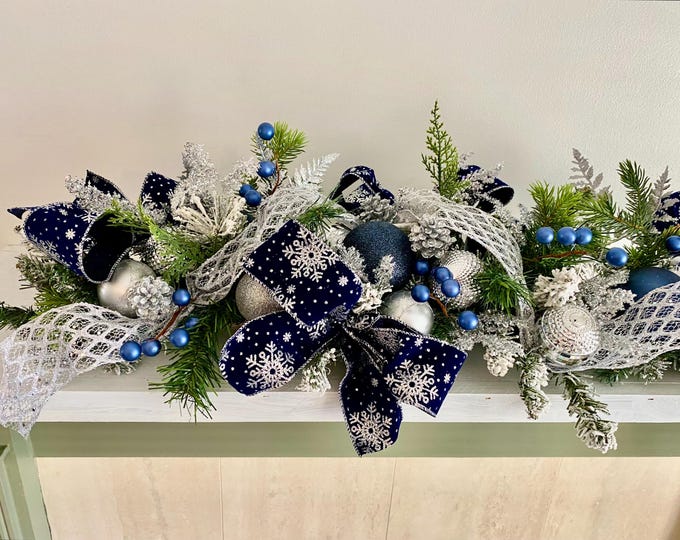 Christmas Navy Silver Table Garland, Flocked Pine Centerpiece - Etsy