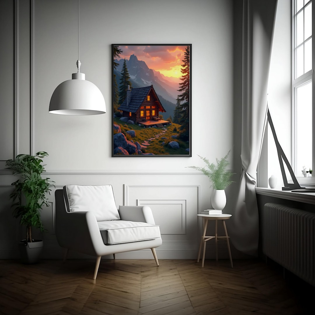 Log Cabin Art Print | Mountain Sunset Digital Download | Rustic Home ...