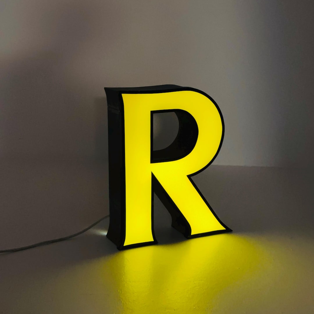 Mid Century Large Illuminated Letter “R” – Yellow Plexiglass & Metal ...