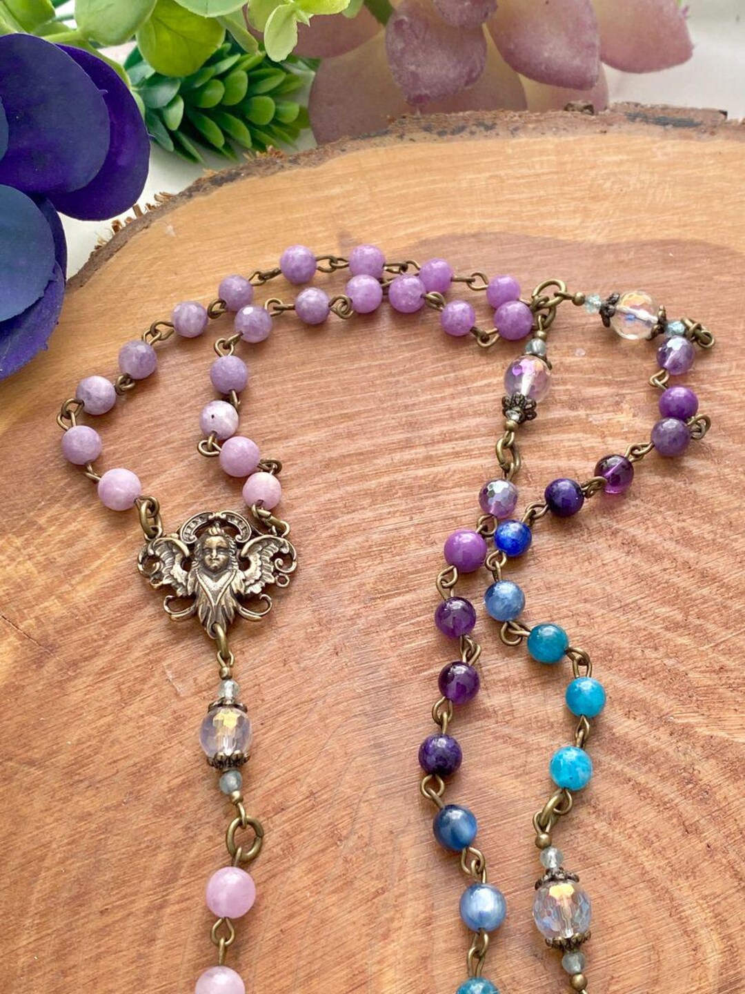 Rosary - Guardian Angel Center Medal, Gemstone Rosary, Bronze Crucifix ...