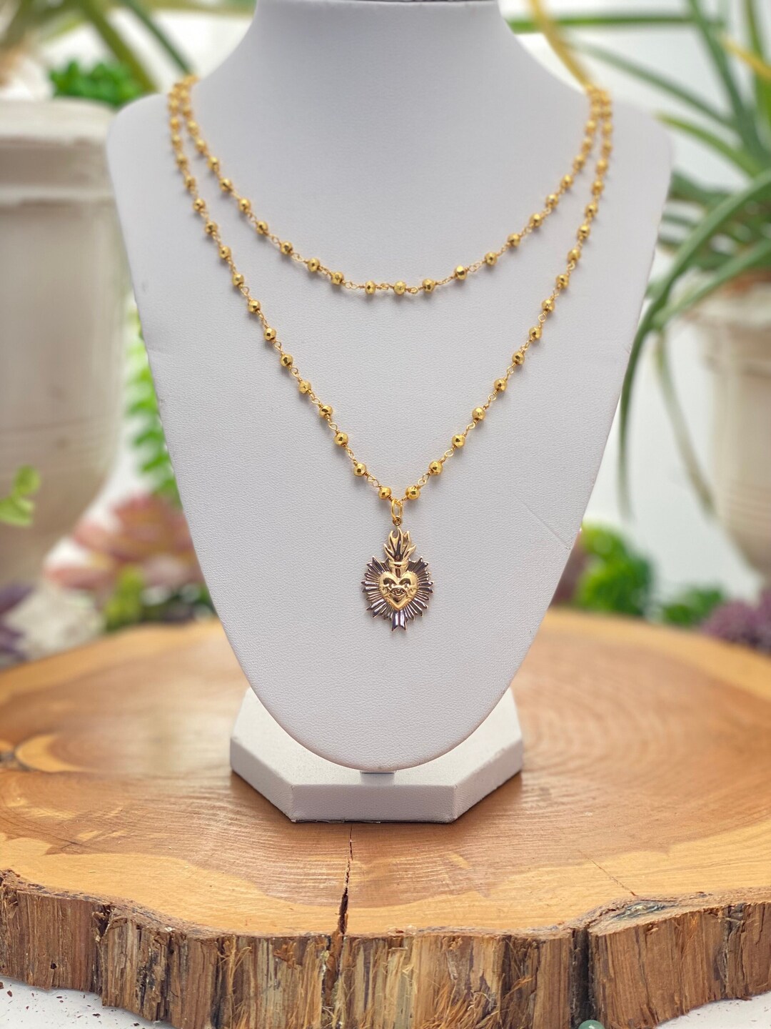 Necklace - Sacred Heart Pendant, Gold Pyrite DOUBLE Chain, Rosary Chain ...