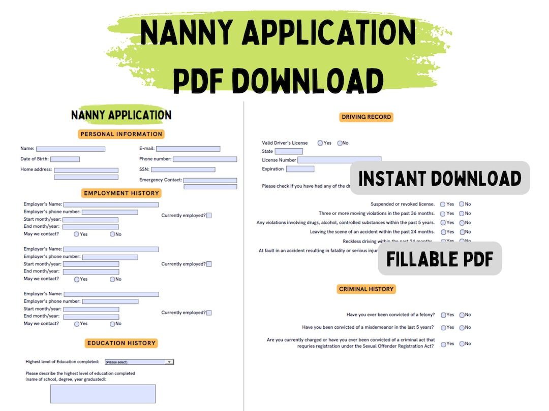 Nanny Application Intake PDF Download. Instant Access PDF Fillable Form ...