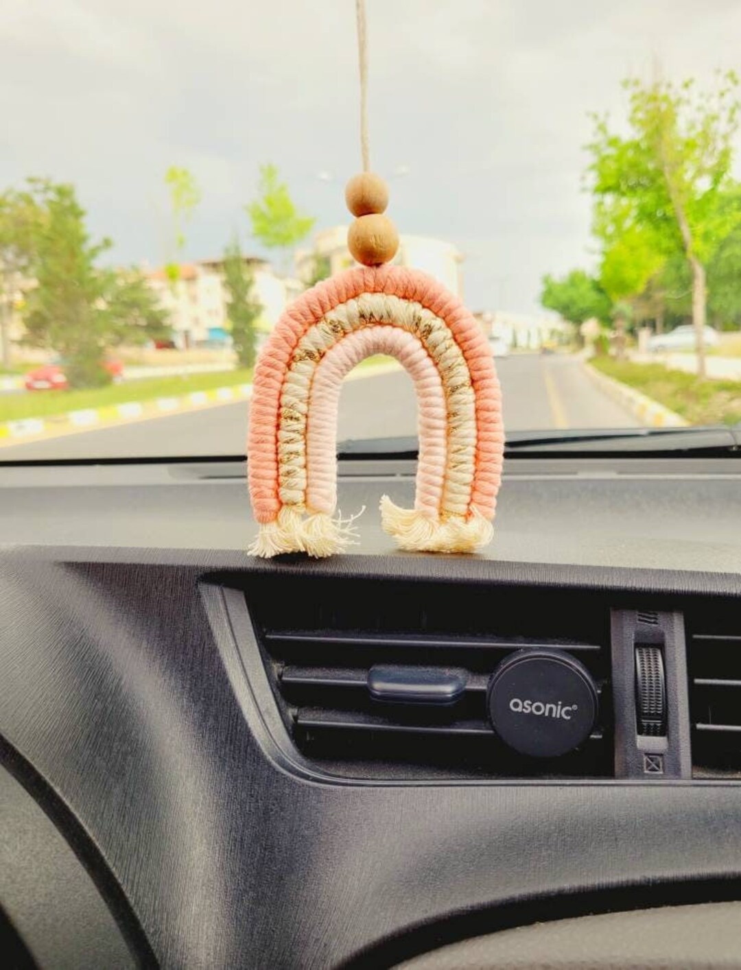 Macrame Rainbow Car Charm , Macrame Rainbow Car Accessories , Rearview ...