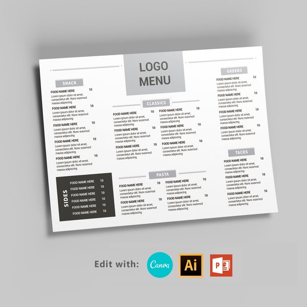 Menu Size Table - Etsy