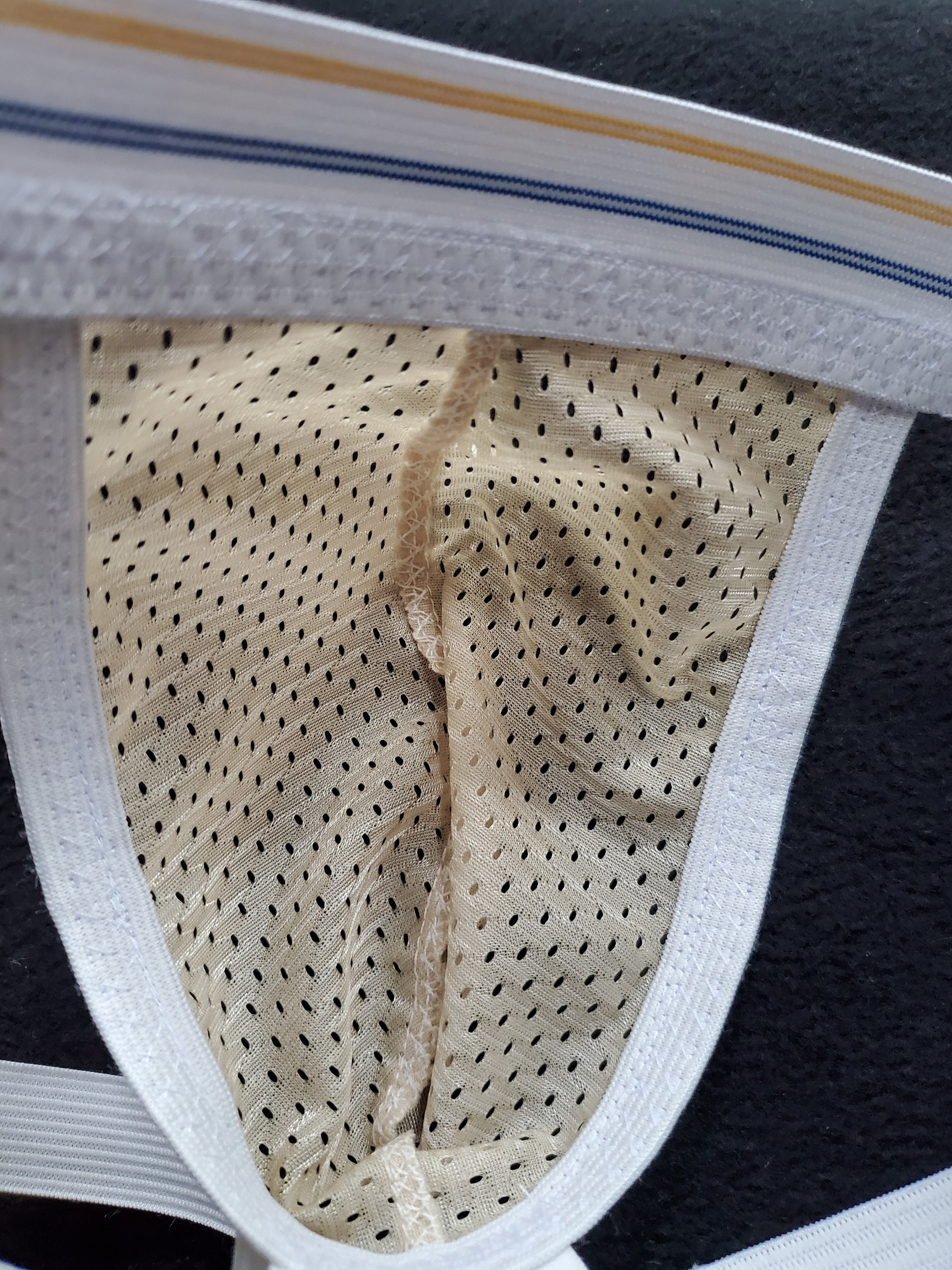 Gold Mesh Sport Jock, White Waistband With Yellow and Blue Stripes ...