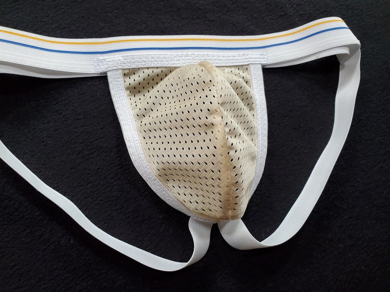 Gold Mesh Sport Jock, White Waistband With Yellow and Blue Stripes ...
