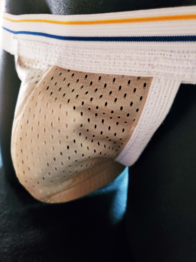Gold Mesh Sport Jock, White Waistband With Yellow and Blue Stripes ...