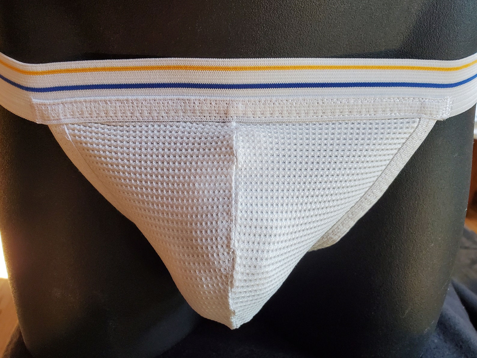 Thong Jock With White Stretch Pouch, Waistband With Yellow and Blue ...