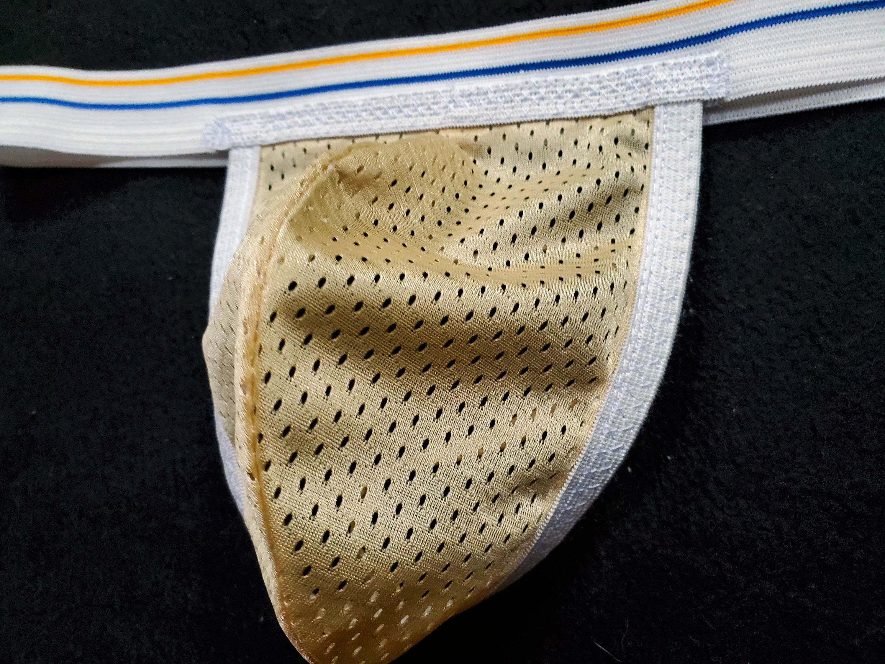 Mens Mesh Sport Thong Jock, White Waistband With Yellow and Blue ...